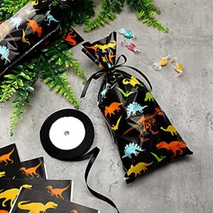 Outus 100 Pieces Dinosaur Cellophane Bags Clear Dinosaur Skeleton Bags Party Favors Bags with A Roll of Ribbon for Chocolate Candy Snacks Cookies Dinosaur Themed Party Supplies (Multi Colors)