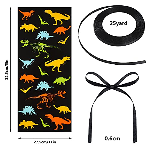 Outus 100 Pieces Dinosaur Cellophane Bags Clear Dinosaur Skeleton Bags Party Favors Bags with A Roll of Ribbon for Chocolate Candy Snacks Cookies Dinosaur Themed Party Supplies (Multi Colors)