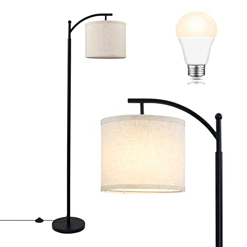 LED Modern Floor Lamp with Beige Linen lamp Shade,Tall Lamps Standing Lamp for Bedrooms,Living Room, Office,Black Pole Lamp with Foot Switch