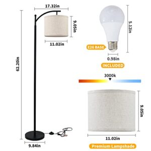 LED Modern Floor Lamp with Beige Linen lamp Shade,Tall Lamps Standing Lamp for Bedrooms,Living Room, Office,Black Pole Lamp with Foot Switch