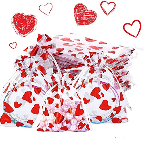 Moonear Heart Candy Bag Organza Jewelry Pouches, Valentine's Drawstring Gift Pouch for Valentine's Day Wedding Party Favor(50pcs)