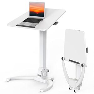 joy worker foldable mobile standing desk, pneumatic height adjustable sit stand desk, 90° tiltable rolling laptop desk, portable desk with wheels non-slip mat for home office, holds up to 22lbs, white