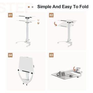 JOY worker Foldable Mobile Standing Desk, Pneumatic Height Adjustable Sit Stand Desk, 90° Tiltable Rolling Laptop Desk, Portable Desk with Wheels Non-Slip Mat for Home Office, Holds Up to 22lbs, White