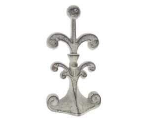 fleur de lis cast iron door stop | decorative door stopper wedge | with padded anti-scratch felt bottom | antique vintage design | solid and heavy duty| 4×3.5×7.75″ | rustic white