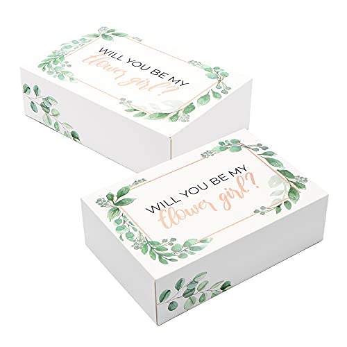 Pop Fizz Designs Flower Girl Proposal Box Set {2 Pack} I Will You Be My Flower Girl? | Flower Girl Box for Flower Girl Gifts | Eucalyptus Style with Rose Gold Foil