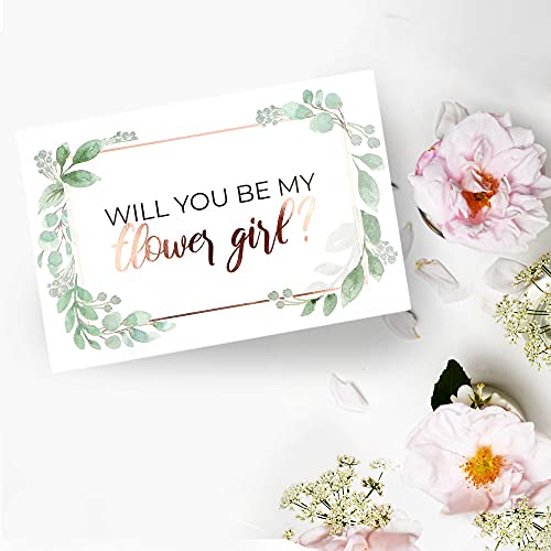 Pop Fizz Designs Flower Girl Proposal Box Set {2 Pack} I Will You Be My Flower Girl? | Flower Girl Box for Flower Girl Gifts | Eucalyptus Style with Rose Gold Foil