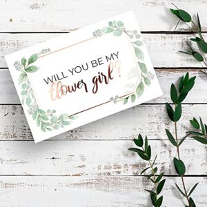 Pop Fizz Designs Flower Girl Proposal Box Set {2 Pack} I Will You Be My Flower Girl? | Flower Girl Box for Flower Girl Gifts | Eucalyptus Style with Rose Gold Foil