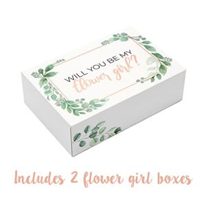 Pop Fizz Designs Flower Girl Proposal Box Set {2 Pack} I Will You Be My Flower Girl? | Flower Girl Box for Flower Girl Gifts | Eucalyptus Style with Rose Gold Foil