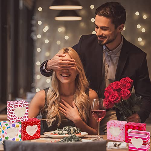 Whaline 24Pcs Valentine's Day Treat Boxes with 24Pcs Gift Tag Cotton Rope 4 Design Red Pink Heart Cardboard Box with Window Valentines Paper Gift Container for Goodie Cookie Candy Sweet Party Favors