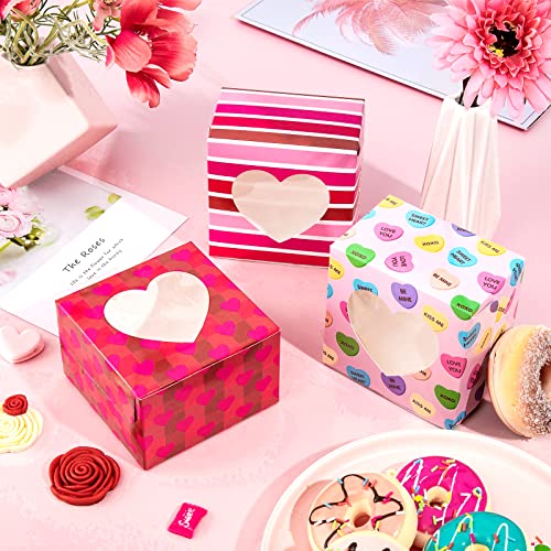 Whaline 24Pcs Valentine's Day Treat Boxes with 24Pcs Gift Tag Cotton Rope 4 Design Red Pink Heart Cardboard Box with Window Valentines Paper Gift Container for Goodie Cookie Candy Sweet Party Favors