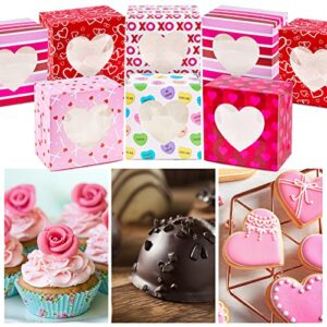 Whaline 24Pcs Valentine's Day Treat Boxes with 24Pcs Gift Tag Cotton Rope 4 Design Red Pink Heart Cardboard Box with Window Valentines Paper Gift Container for Goodie Cookie Candy Sweet Party Favors