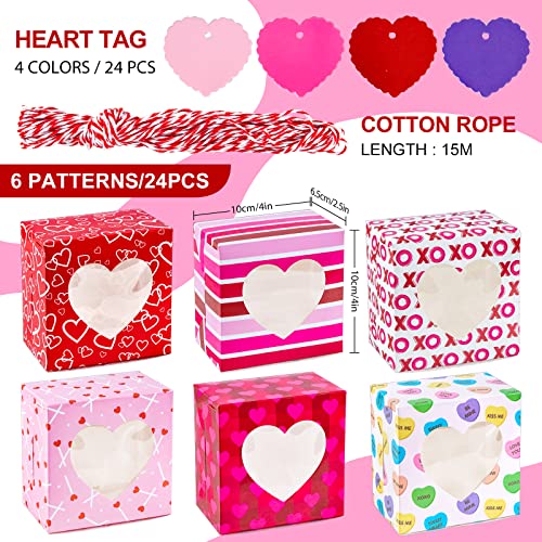 Whaline 24Pcs Valentine's Day Treat Boxes with 24Pcs Gift Tag Cotton Rope 4 Design Red Pink Heart Cardboard Box with Window Valentines Paper Gift Container for Goodie Cookie Candy Sweet Party Favors