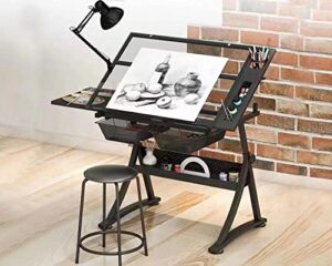 landpink glass drafting table art desk – adjustable professhional artwork drawing drafting table desk, glass-topped art table for craft station studio home office school w/drawers/chair – black