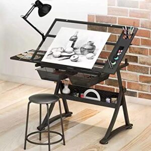 Landpink Glass Drafting Table Art Desk – Adjustable Professhional Artwork Drawing Drafting Table Desk, Glass-Topped Art Table for Craft Station Studio Home Office School w/Drawers/Chair – Black