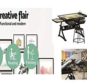 Landpink Glass Drafting Table Art Desk – Adjustable Professhional Artwork Drawing Drafting Table Desk, Glass-Topped Art Table for Craft Station Studio Home Office School w/Drawers/Chair – Black