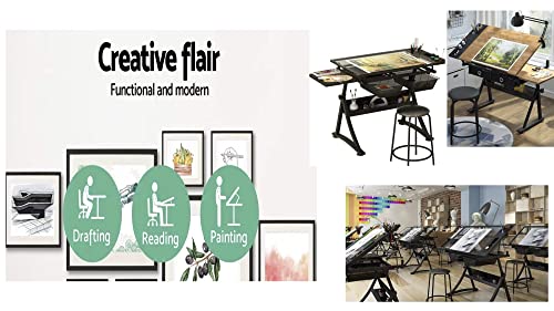 Landpink Glass Drafting Table Art Desk – Adjustable Professhional Artwork Drawing Drafting Table Desk, Glass-Topped Art Table for Craft Station Studio Home Office School w/Drawers/Chair – Black