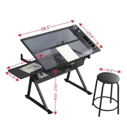 Landpink Glass Drafting Table Art Desk – Adjustable Professhional Artwork Drawing Drafting Table Desk, Glass-Topped Art Table for Craft Station Studio Home Office School w/Drawers/Chair – Black