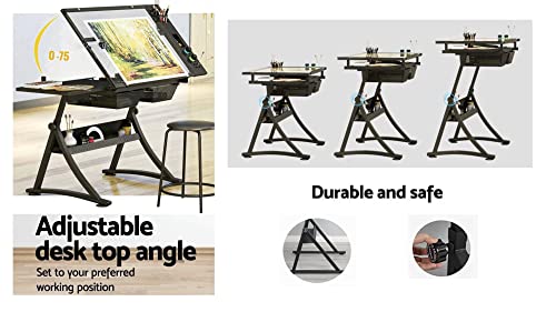 Landpink Glass Drafting Table Art Desk – Adjustable Professhional Artwork Drawing Drafting Table Desk, Glass-Topped Art Table for Craft Station Studio Home Office School w/Drawers/Chair – Black