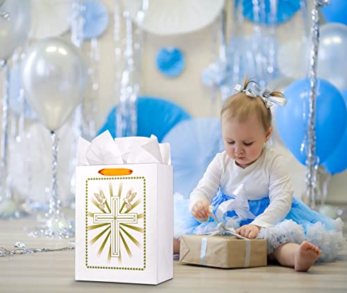 FaCraft 13" Large Gift Bag with Tissue Paper Cross Paper Gift Bags with Handle for Baptism Christenings Confirmations First Communions Religious Wedding,Baptism Gifts Bag for Kids Boys Girl