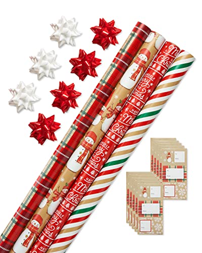 American Greetings Christmas Wrapping Paper Kit - 4 Traditional Rolls with Gridlines, 7 Bows and 30 Gift Tags (41-Count, 120 sq. ft.)