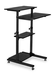 mount-it! mobile standing desk/height adjustable stand up computer work station | rolling presentation cart with 27.5 inch wide platform, locking wheels