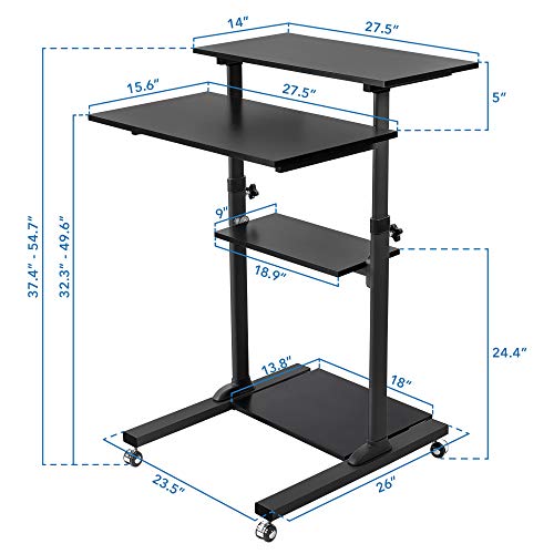 Mount-It! Mobile Standing Desk/Height Adjustable Stand Up Computer Work Station | Rolling Presentation Cart with 27.5 Inch Wide Platform, Locking Wheels