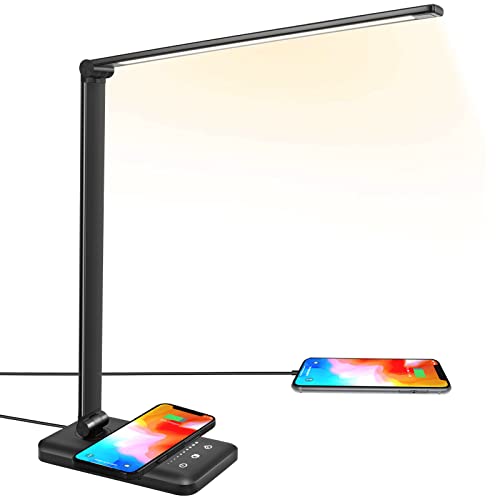 JOSTIC LED Desk Lamp with Wireless Charger, USB Charging Port, Desk Lighting with 10 Brightness, 5 Color Modes, Dimmable Eye Caring Reading Desk Light for Home Office, Touch Control, Auto Timer, Black