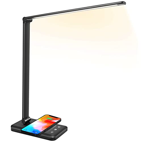 JOSTIC LED Desk Lamp with Wireless Charger, USB Charging Port, Desk Lighting with 10 Brightness, 5 Color Modes, Dimmable Eye Caring Reading Desk Light for Home Office, Touch Control, Auto Timer, Black