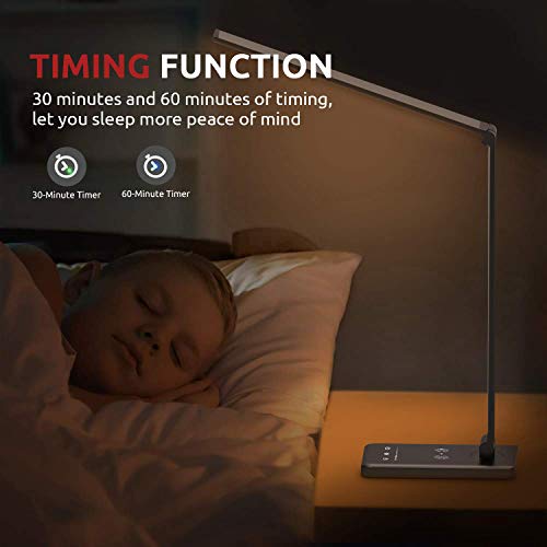 JOSTIC LED Desk Lamp with Wireless Charger, USB Charging Port, Desk Lighting with 10 Brightness, 5 Color Modes, Dimmable Eye Caring Reading Desk Light for Home Office, Touch Control, Auto Timer, Black