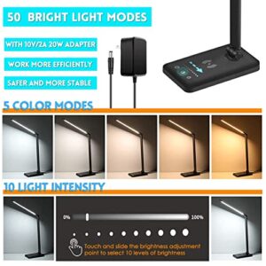 JOSTIC LED Desk Lamp with Wireless Charger, USB Charging Port, Desk Lighting with 10 Brightness, 5 Color Modes, Dimmable Eye Caring Reading Desk Light for Home Office, Touch Control, Auto Timer, Black