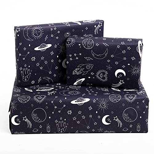 CENTRAL 23 - Navy Gift Wrap - 6 Christmas Wrapping Paper Sheets - Space Planets Stars - Birthday Wrapping Paper - Trendy Gift Wrap for Men Women Boys Girls - Recyclable