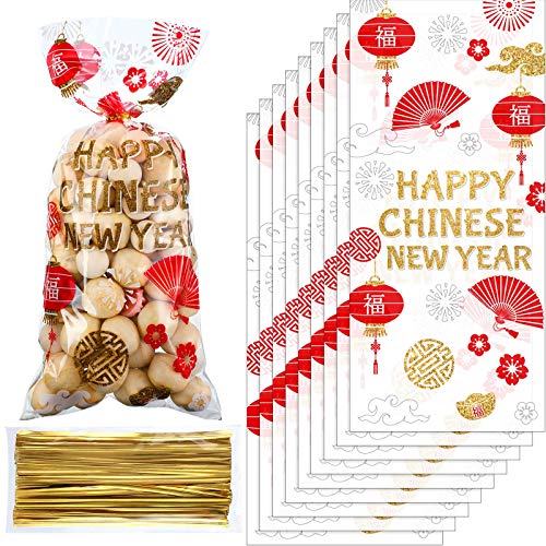 100 Pieces Chinese New Year Cellophane Treat Bags, Red Gold Chinese Party Plastic Candy Bags Goodies Present Bags with 100 Gold Twist Ties for Year of The Ox Lunar Year Spring Festival Party Supplies