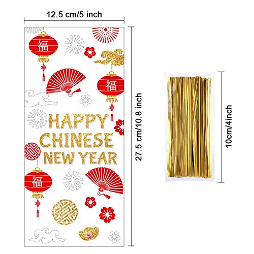 100 Pieces Chinese New Year Cellophane Treat Bags, Red Gold Chinese Party Plastic Candy Bags Goodies Present Bags with 100 Gold Twist Ties for Year of The Ox Lunar Year Spring Festival Party Supplies