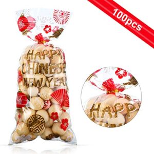 100 Pieces Chinese New Year Cellophane Treat Bags, Red Gold Chinese Party Plastic Candy Bags Goodies Present Bags with 100 Gold Twist Ties for Year of The Ox Lunar Year Spring Festival Party Supplies