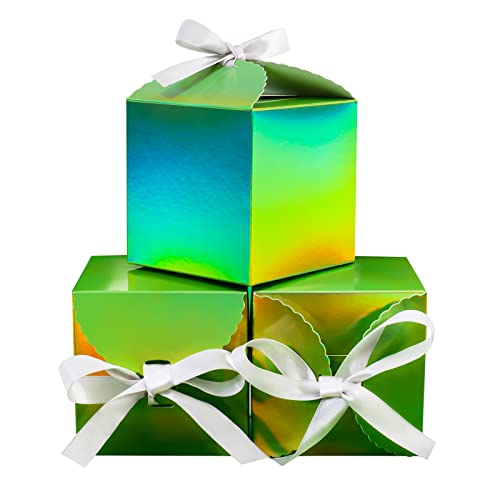 SHANSVYE Small Gift Boxes,Holographic purple Gift Candy Box with Ribbon Bulk,4x4x4 inches,Paper Gift Boxes with Lids for Presents,Decorative Gift Boxes,Party Favor Box (10, Gradient green)