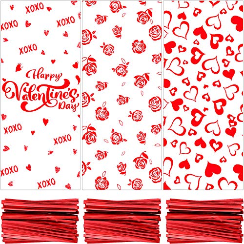 150 Pieces Valentine Cellophane Bags Treat Bags Goodies Bags Candy Bags with 150 Pieces Twist Ties for Valentine's Day Party Favor Supplies (Rose, Heart and Happy Valentine's Day Design)