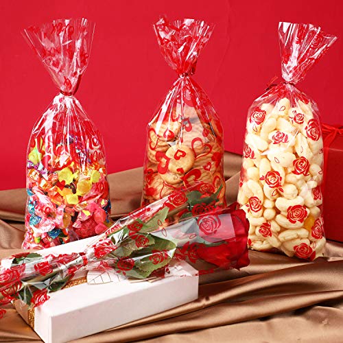 150 Pieces Valentine Cellophane Bags Treat Bags Goodies Bags Candy Bags with 150 Pieces Twist Ties for Valentine's Day Party Favor Supplies (Rose, Heart and Happy Valentine's Day Design)