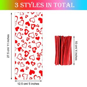 150 Pieces Valentine Cellophane Bags Treat Bags Goodies Bags Candy Bags with 150 Pieces Twist Ties for Valentine's Day Party Favor Supplies (Rose, Heart and Happy Valentine's Day Design)