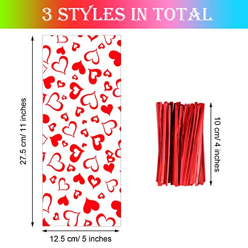 150 Pieces Valentine Cellophane Bags Treat Bags Goodies Bags Candy Bags with 150 Pieces Twist Ties for Valentine's Day Party Favor Supplies (Rose, Heart and Happy Valentine's Day Design)