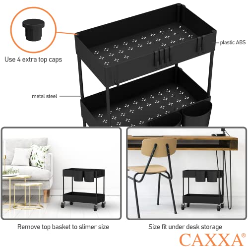 CAXXA 4-Tier Rolling Storage Organizer with 4 Small Baskets - Mobile Utility Cart with Caster Wheels, Black