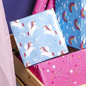 LeZakaa Unicorn Wrapping Paper Roll - 40 x 120 inches per Roll - Unicorn with Clouds and Moon/Rainbow/Star Print for Baby Shower, Kids Birthday - 4 Rolls