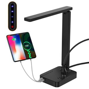 desk lamps for home office,modern led desk lamp for dorm with 2 usb charging ports/type c port,2 ac power outlets,3 lighting mode,3 level brightness,touch control/timer/eye-caring foldable table lamp