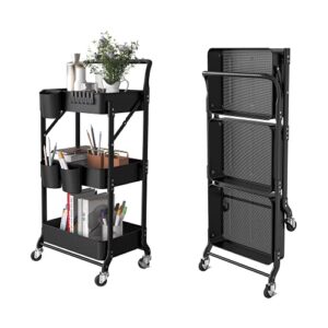 dtk 3 tier foldable metal rolling cart, metal trays utility cart with handle and wheels, 3 hanging cups and 6 hooks storage organizer cart, collapsible kitchen cart for bathroom office kitchen(black)