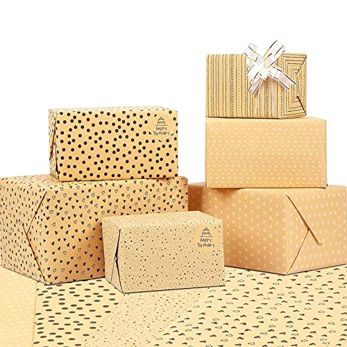 GOLDORCLE Kraft Wrapping Paper, Folded Gift Wrapping Paper 12 Sheets 27" x 20" 6 Styles, Includes Ribbon Pull Bow and Sticker Tag for Birthday Holiday party Gift Wrap (Not Rolls)