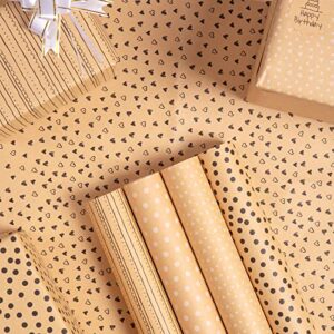 GOLDORCLE Kraft Wrapping Paper, Folded Gift Wrapping Paper 12 Sheets 27" x 20" 6 Styles, Includes Ribbon Pull Bow and Sticker Tag for Birthday Holiday party Gift Wrap (Not Rolls)