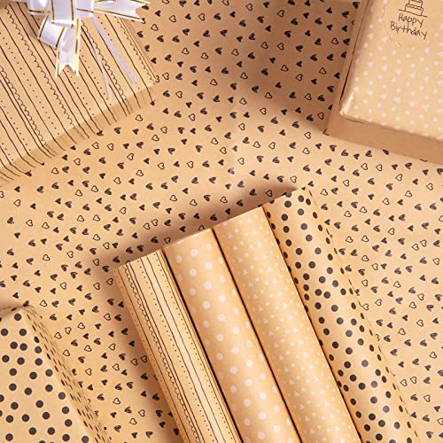 GOLDORCLE Kraft Wrapping Paper, Folded Gift Wrapping Paper 12 Sheets 27" x 20" 6 Styles, Includes Ribbon Pull Bow and Sticker Tag for Birthday Holiday party Gift Wrap (Not Rolls)