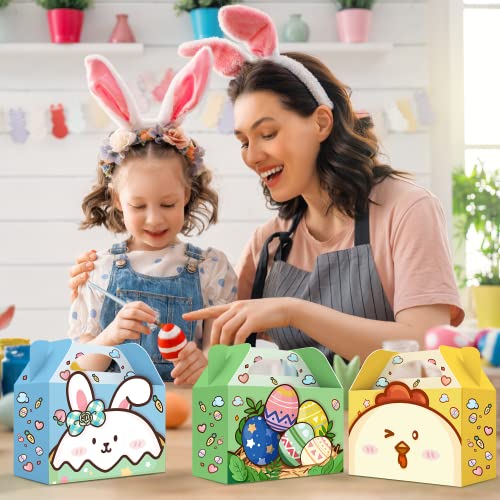 24 Pcs Easter Treat Boxes Happy Easter Gift Boxes, Easter Cookie Gift Box with Handle Bunny Eggs Easter Basket Containers Rabbit Shape Candy Goody Cookie Box Holder for School Classroom Party Favor Supplies