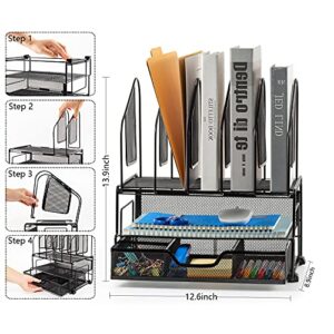 Beiz Desk Organizer and Accessories Storage with 5 Vertical File Folder Holders, 2 Paper Tray, Drawer for Office, Home, Dorm, Workspace to Collect Office Supplies (Black)