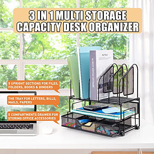 Beiz Desk Organizer and Accessories Storage with 5 Vertical File Folder Holders, 2 Paper Tray, Drawer for Office, Home, Dorm, Workspace to Collect Office Supplies (Black)