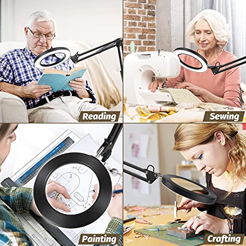 LANCOSC Magnifying Glass with Light and Stand, 5 Inches 5X Real Glass Lens, 3 Color Modes Stepless Dimmable LED Desk Lamp, Adjustable Arm Lighted Magnifier Light for Reading Repair Crafts Close Work